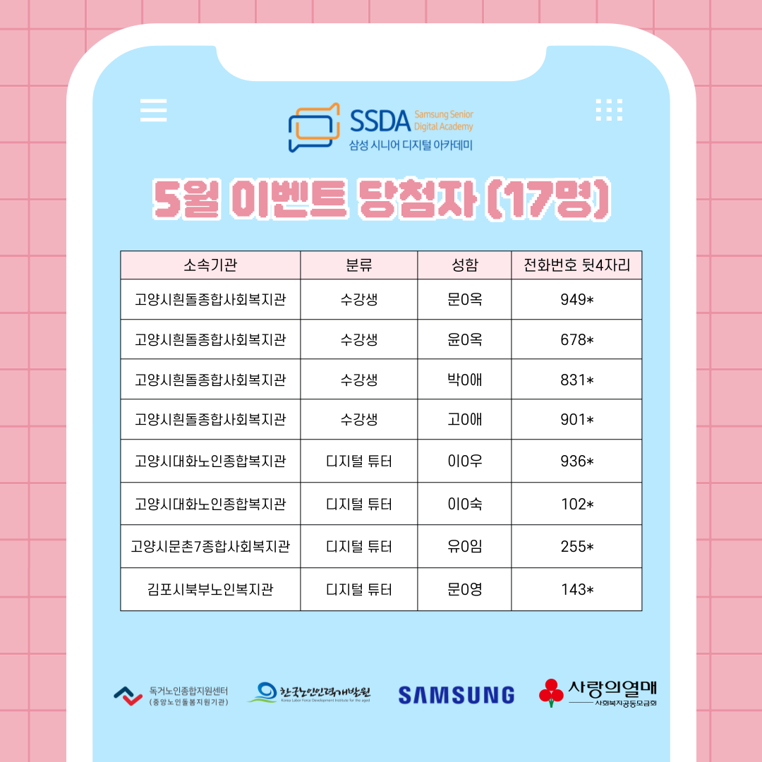 [이벤트] 5월 이벤트 당첨자 발표 (SSDA 커뮤니티에 첫 인사를 남겨주세요!) - SSDA 커뮤니티 - 삼성 시니어 디지털 아카데미